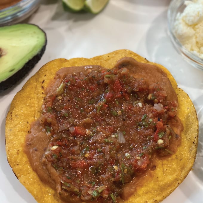 Smokey Bean and Salsa Tostada - Maple Bacon Something